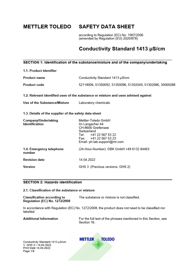 MSDS - Conductivity Standard 1413 | PDF | Toxicity | Personal ...