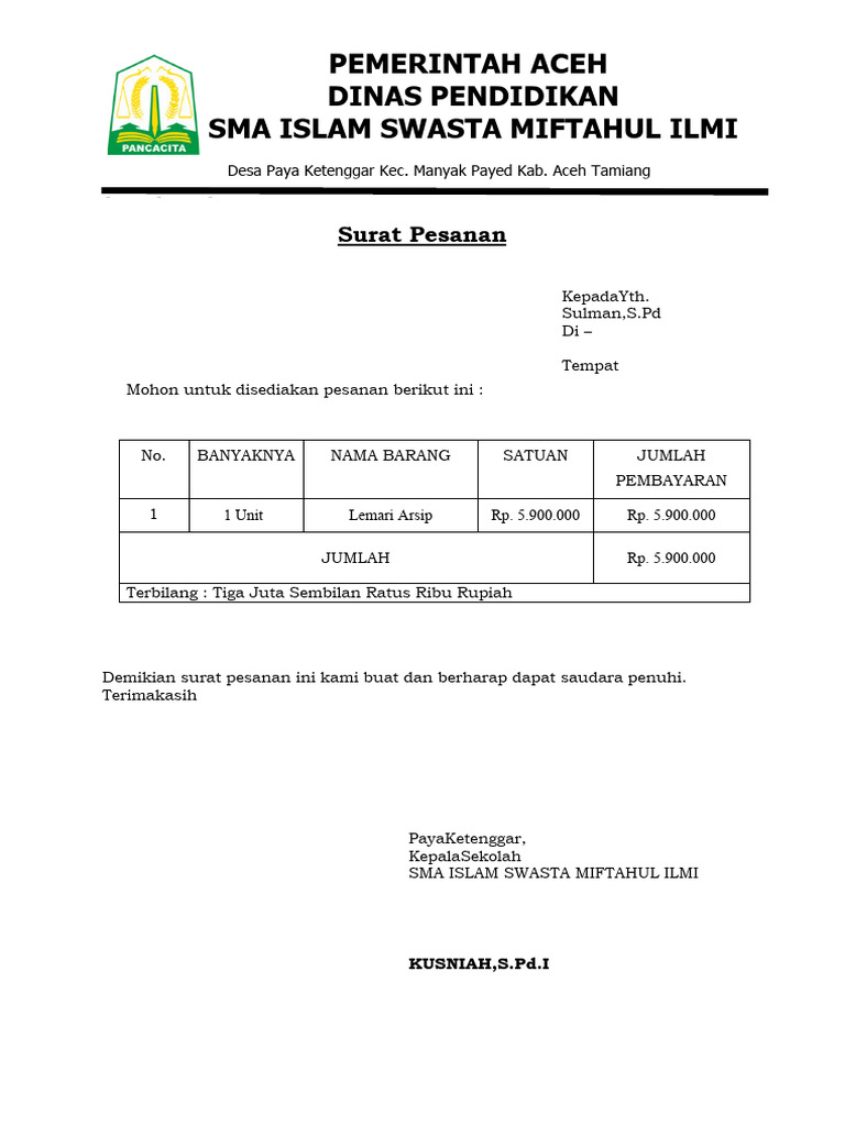 Contoh Formulir Surat Pesanan | PDF