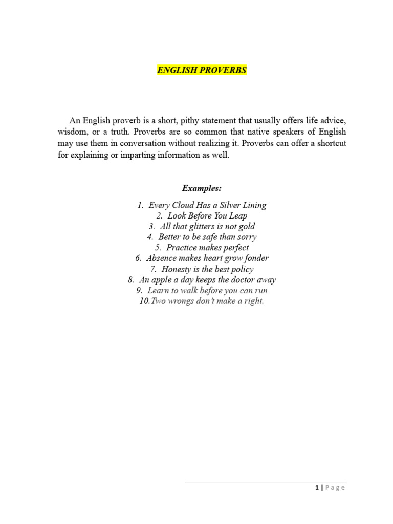 English Proverbs | PDF | Word | Part Of Speech