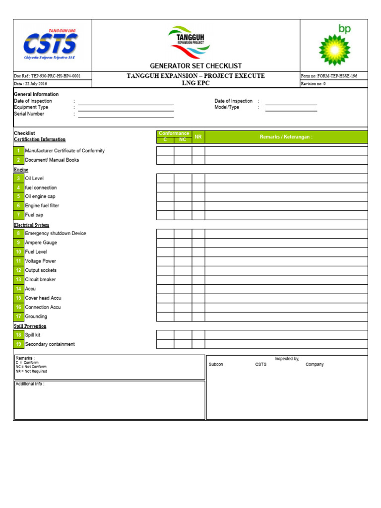 Checklist Generator Set | PDF