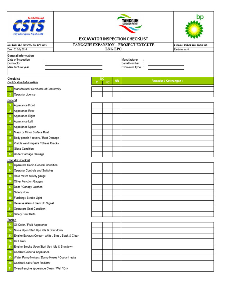 Checklist Excavator | PDF
