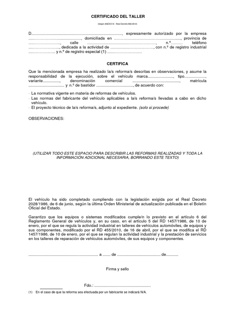 Modelo Certificado de Taller | PDF