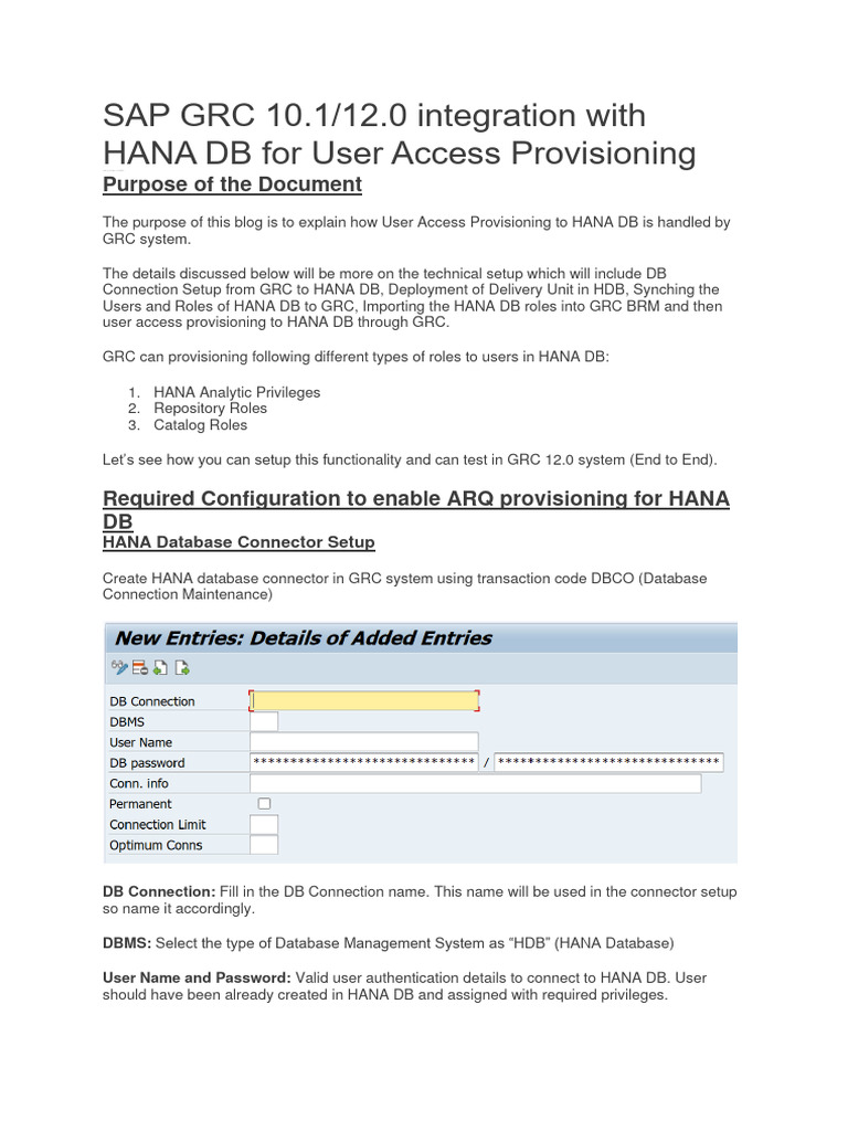 SAP GRC 10.1-12.0 Integration With HANA DB For User Access Provisioning | PDF