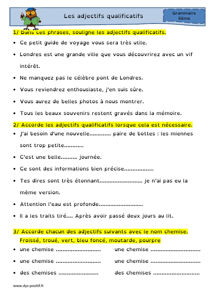 Exercices sur les adjectifs qualificatifs | PDF