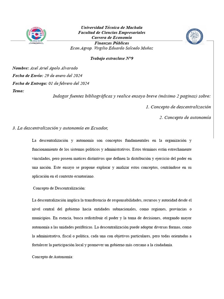 Extraclase 9 - FP2 | PDF | Descentralización | Ecuador