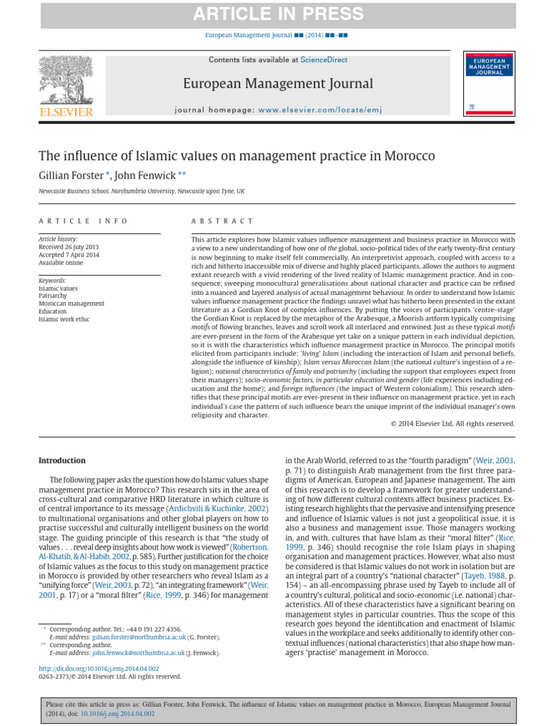 The Influence of Islamic Values On Management Practice in Morocco | PDF ...