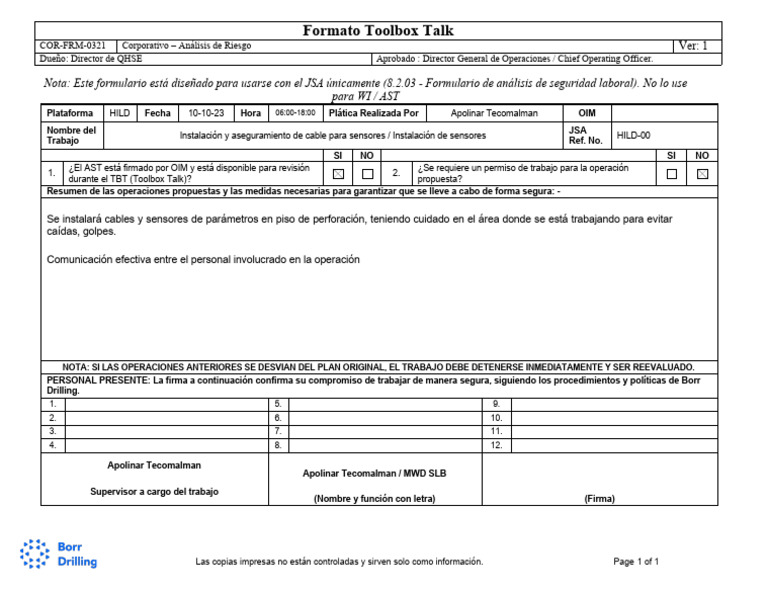 Toolbox Talk Form Spanish COR-FRM-0321-OK | PDF