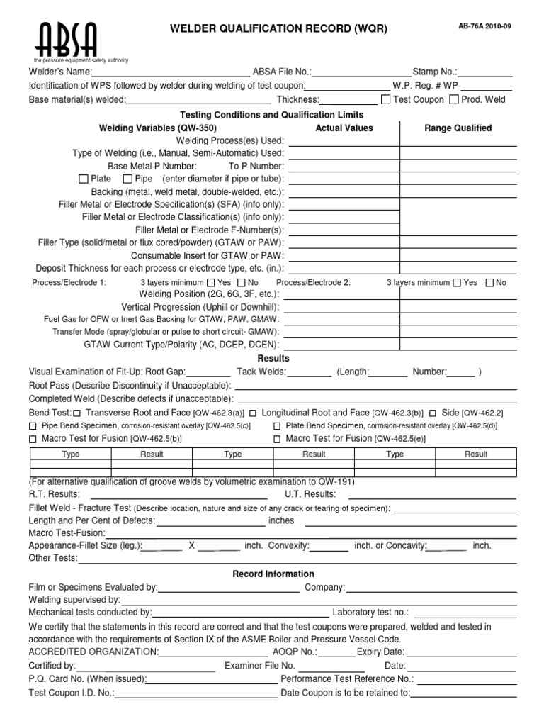 Welder Qualification Record Template | PDF | Welding | Construction