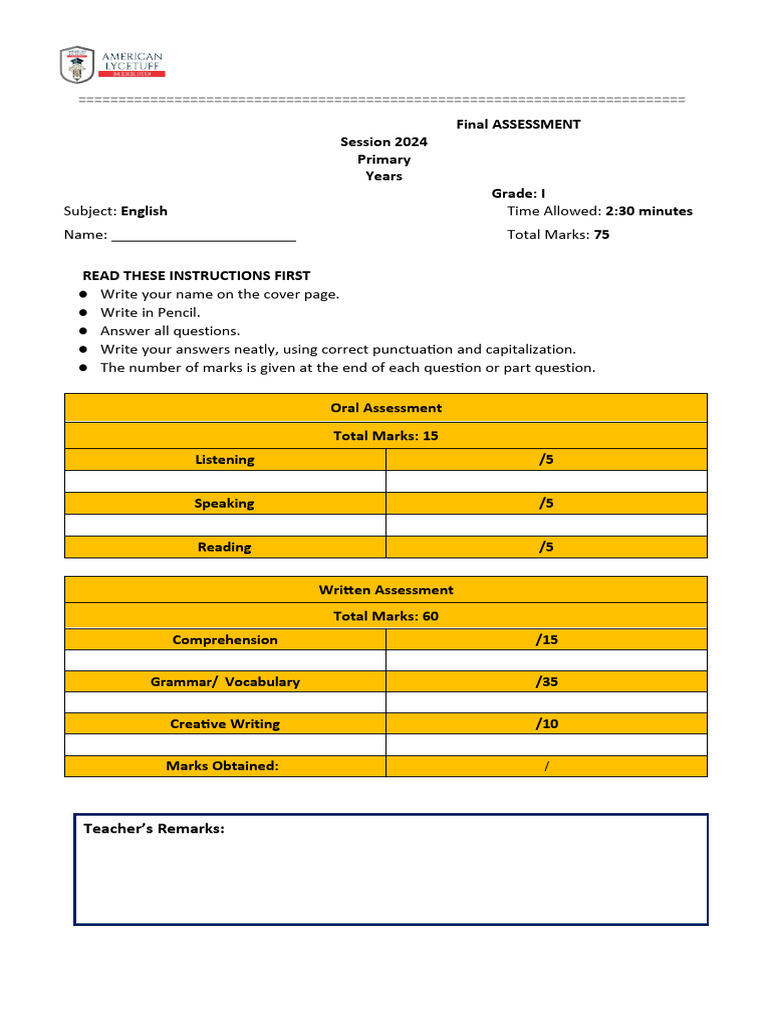 Grade 1 Written Paper For Students | PDF | Languages | Foreign Language ...