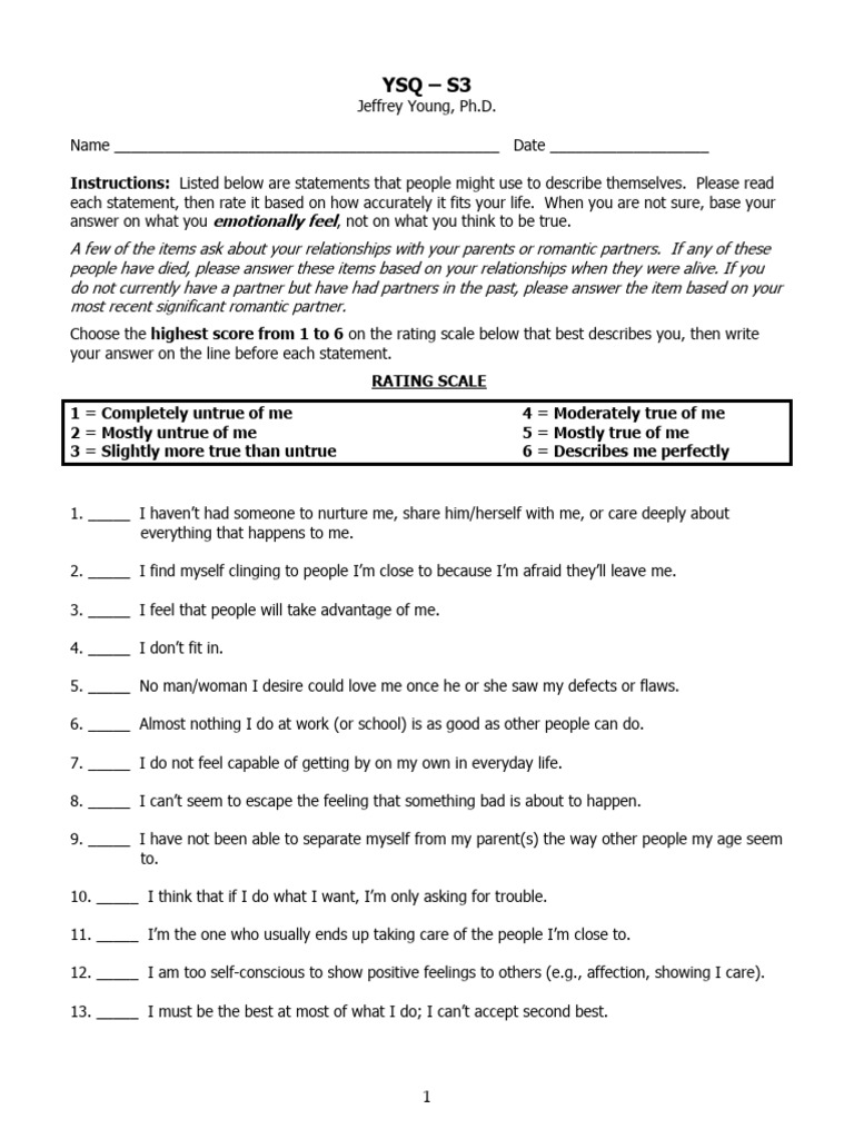 YSQ-3 Short Final 2007 | PDF | Behavioural Sciences | Psychology