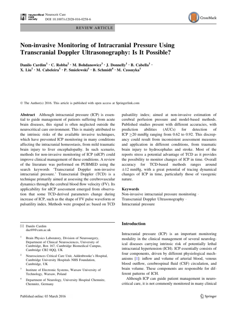 Non-Invasive Monitoring of Intracranial Pressure Using Transcranial Doppler Ultrasonography ...
