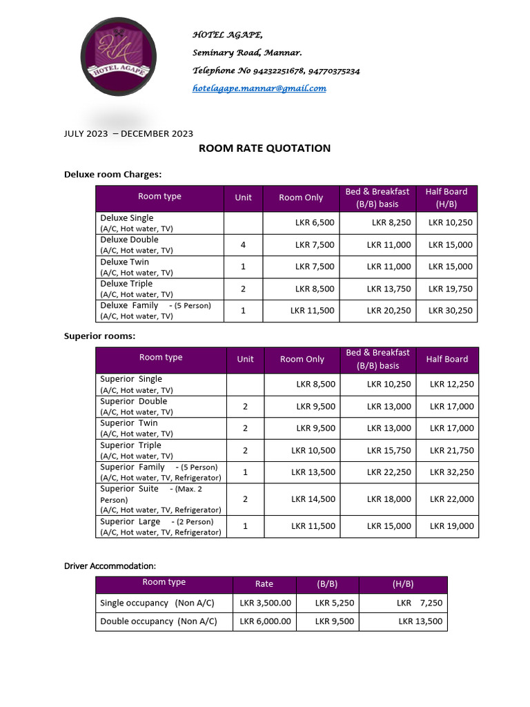 Hotel Agape Room Rates July-Dec 2023 | PDF | Air Conditioning