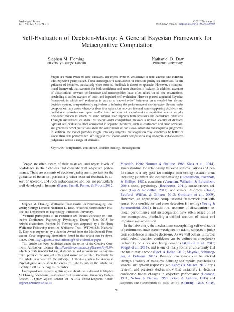 Self-Evaluation of Decision-Making: A General Bayesian Framework For Metacognitive Computation ...