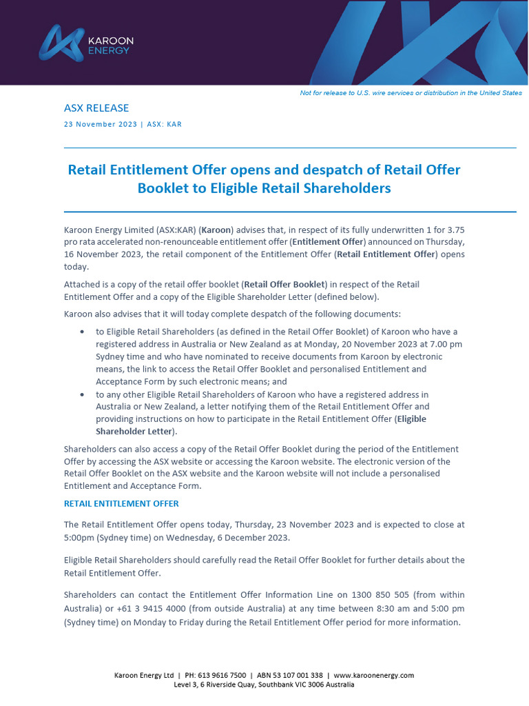 Retail Entitlement Offer Opens and Despatch of Retail Offer Booklet To ...