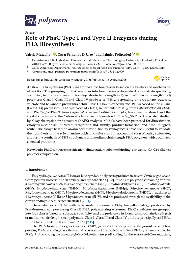 V Mezolla 2018 PhaC Type I and Type II Enzymes | PDF | Active Site | Enzyme