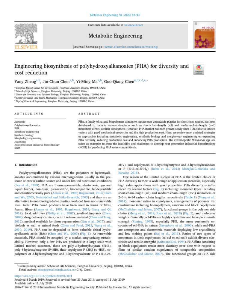 Yang Z 2020 Engineering Biosynthesis of PHA | PDF | Polymers | Copolymer
