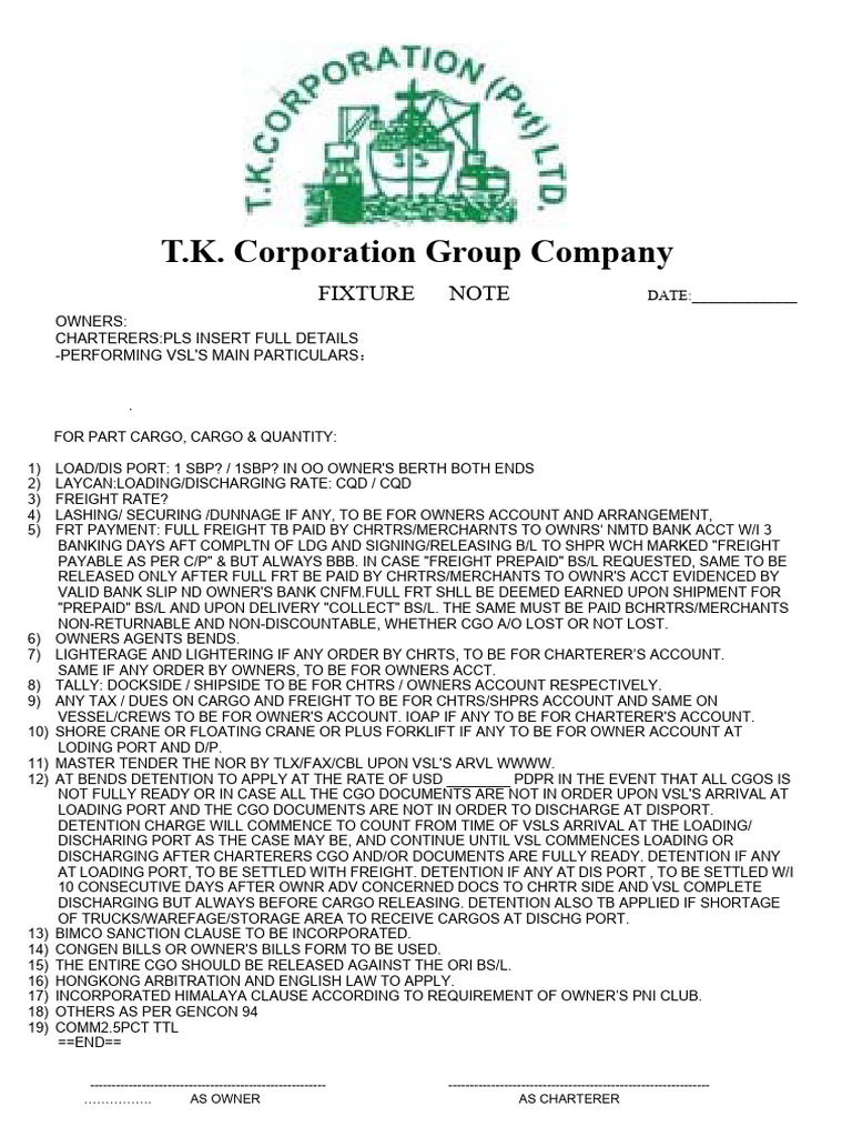 Fixture Note T.K Corporation PVT LTD | PDF | Cargo | Shipping
