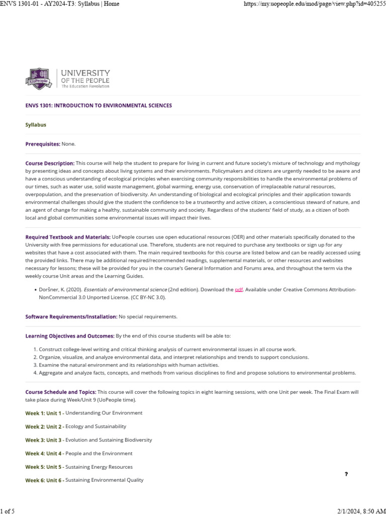 ENVS 1301-01 - AY2024-T3 Syllabus Home | Download Free PDF | Apa Style | Course Evaluation