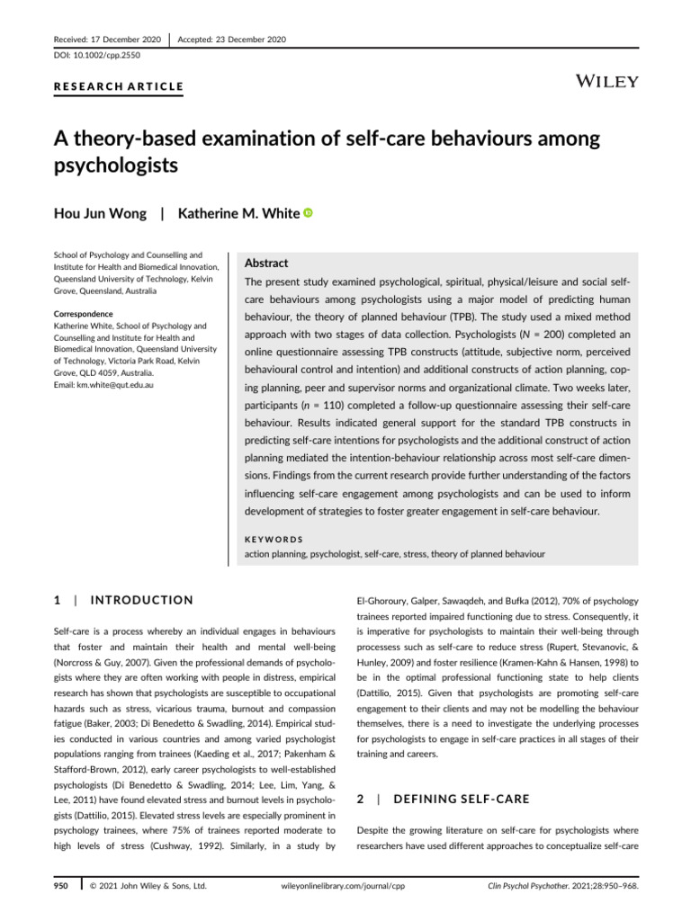 Self-Care Behaviors in Psychologists Study | PDF | Psychology ...
