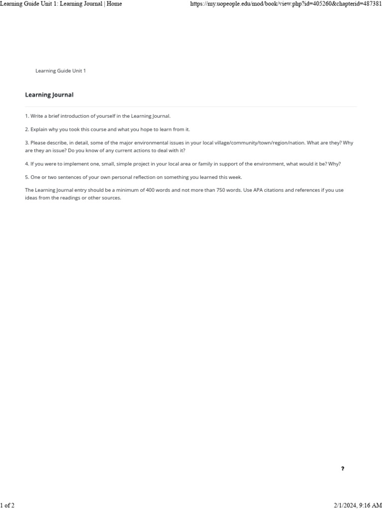 ENVS 1301 Learning Guide Unit 1 Learning Journal Home | PDF | Self-Improvement
