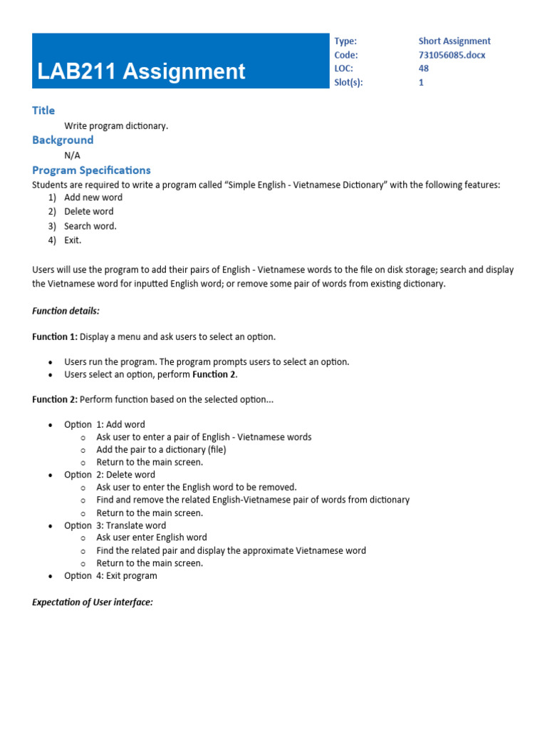 LAB211 Assignment: Title Background Program Specifications | PDF