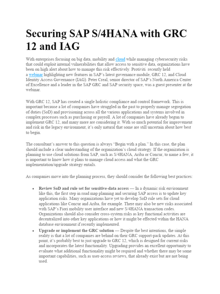 Securing SAP S4HANA With GRC 12 and IAG | PDF | Cloud Computing | Computer Science