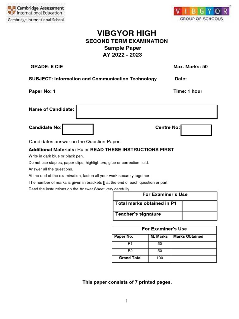 CAIE Gr6 ICT P1 QP 2023-24 | PDF
