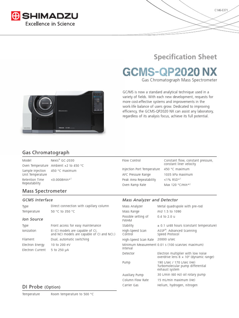 Specification Sheet GCMS-QP2020 NX | PDF | Gas Chromatography | Chromatography