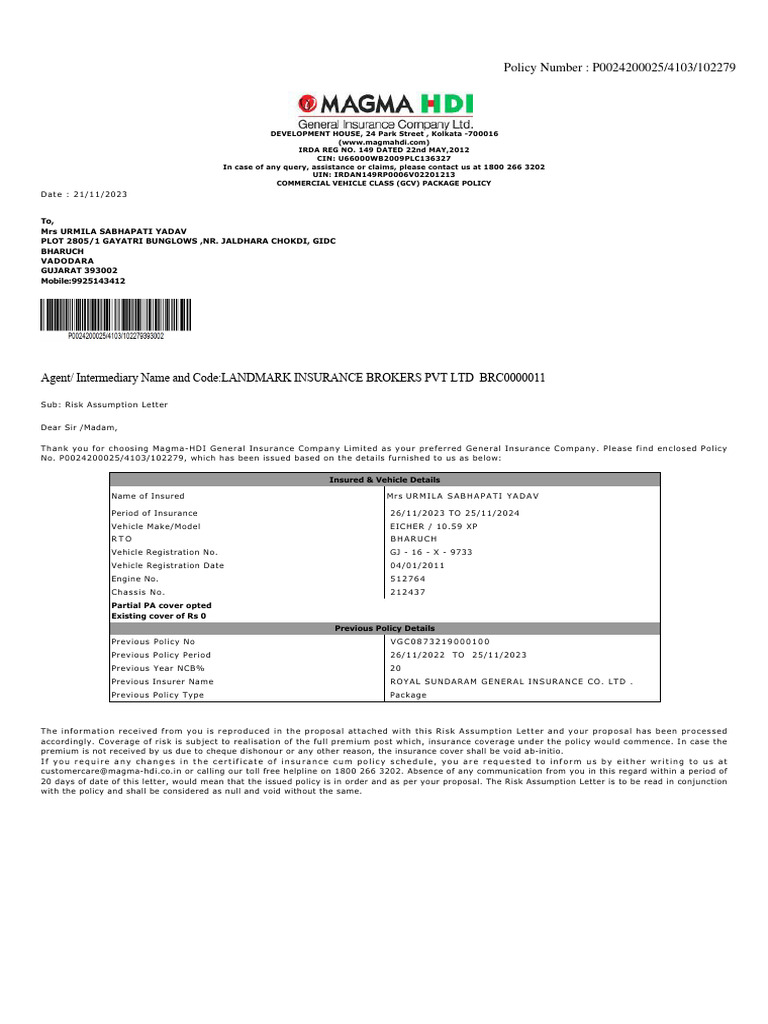 Agent/ Intermediary Name and Code:LANDMARK INSURANCE BROKERS PVT LTD BRC0000011 | PDF ...
