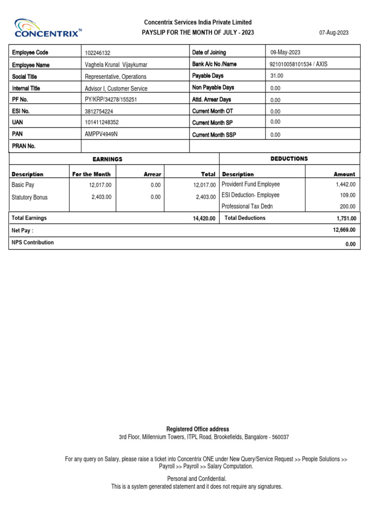 Concentrix Services India Private Limited Payslip For The Month of July ...