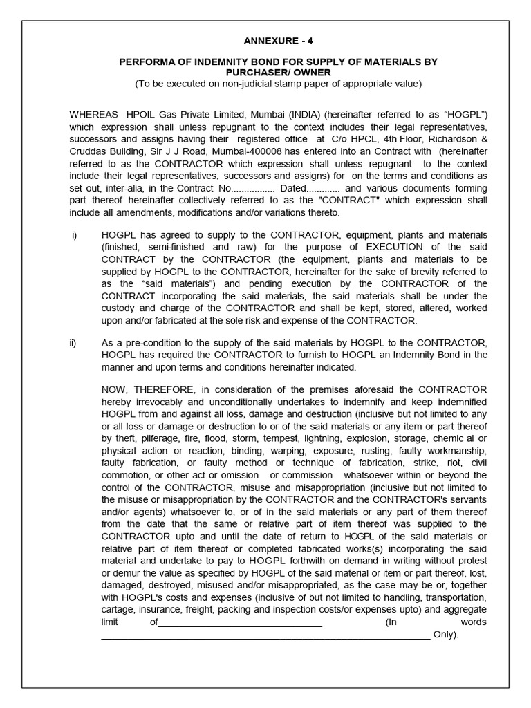 Annexure-4 Indemnity Bond | Download Free PDF | Indemnity | Civil Law (Legal System)