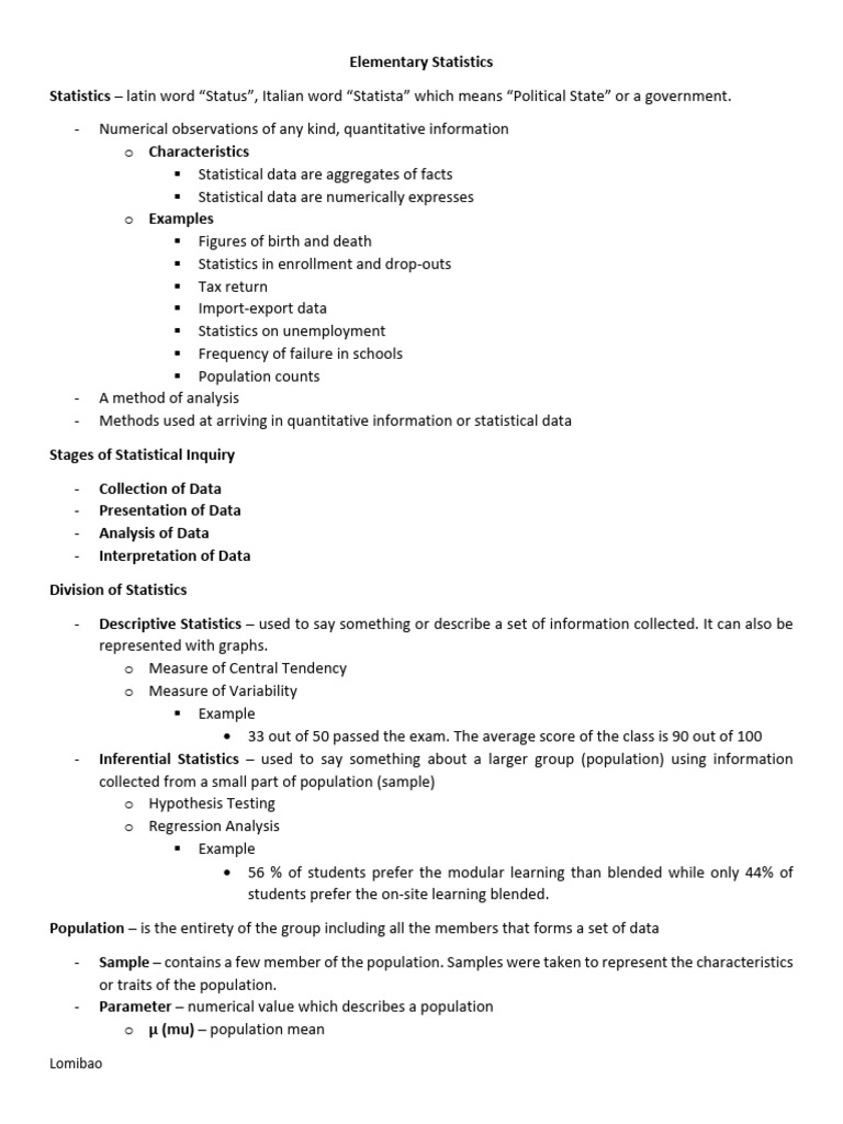 Elementary Statistics Reviewer | PDF | Statistics | Sampling (Statistics)