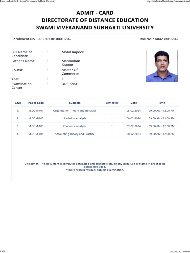 Mohit - Admit Card Swami Vivekanand Subharti University | PDF | Finance ...