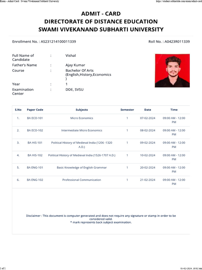 Vishal Admit Card Swami Vivekanand Subharti University | PDF