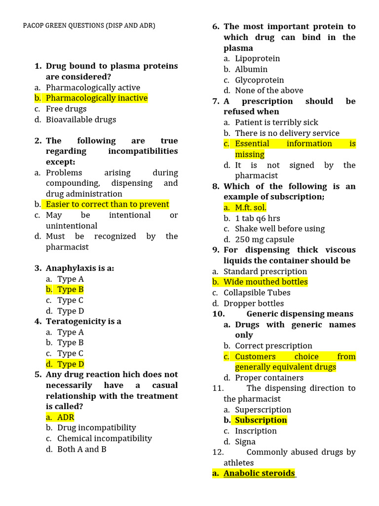 PACOP GREEN QUESTIONS-disp | Download Free PDF | Medical Prescription ...
