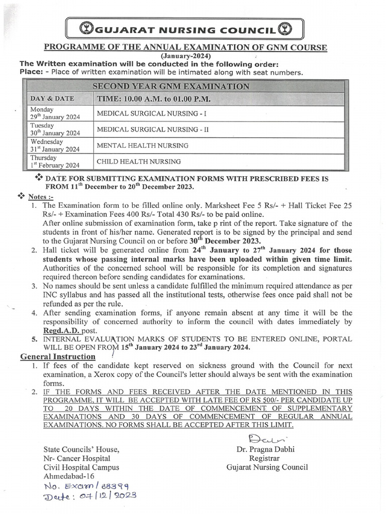 Programme of The Annual Examination of GNM Second Year January-2024 | PDF