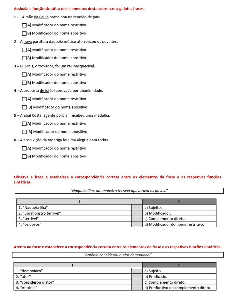 Exercícios - Função Sintática | PDF | Assunto (gramática) | Pronome