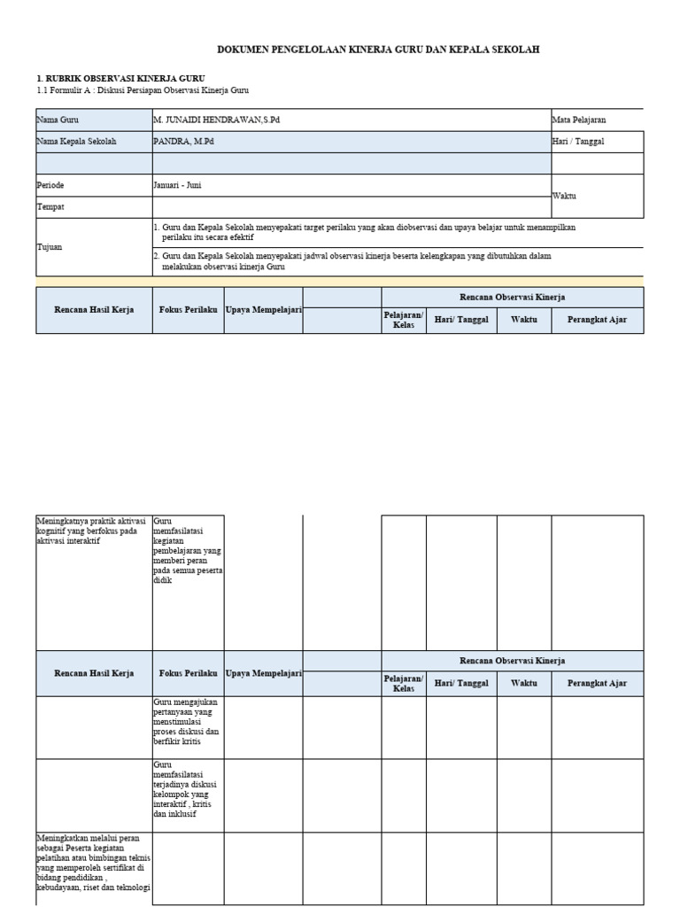 Form Observasi Kinerja Guru Tahun 2024 | PDF