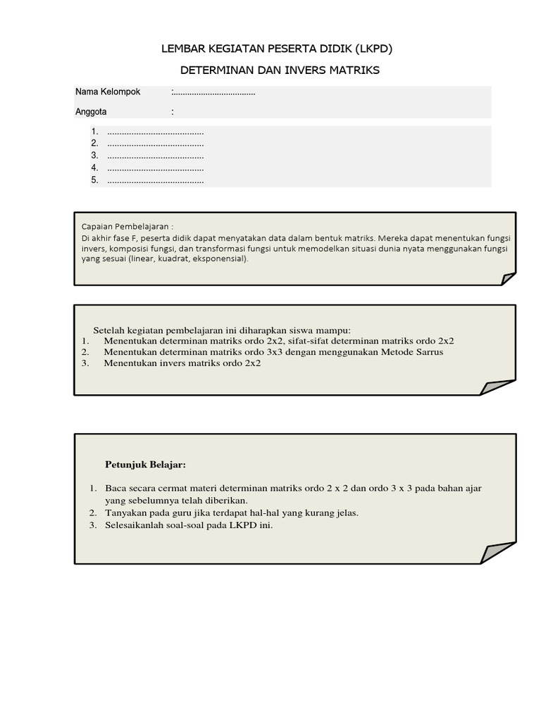 LKPD Determinan Dan Invers Matriks | PDF