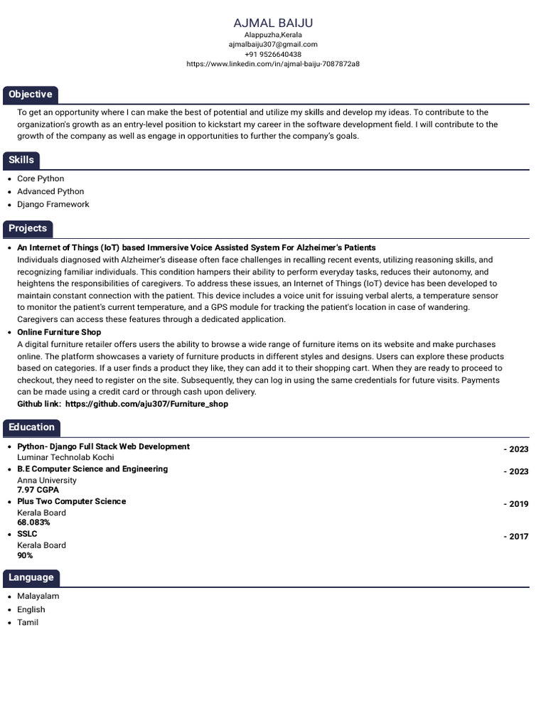 Ajmal Baiju Resume | PDF | Internet Of Things | Internet