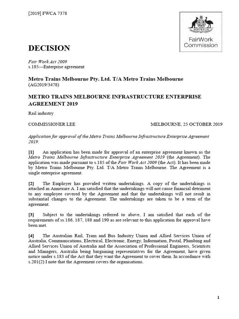 Metro Trains Melbourne Infrastructure Enterprise Agreement 2019 | PDF ...