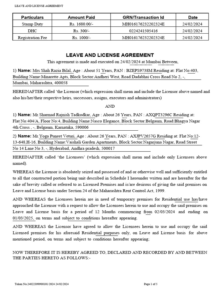 Registred: Leave and License Agreement | PDF