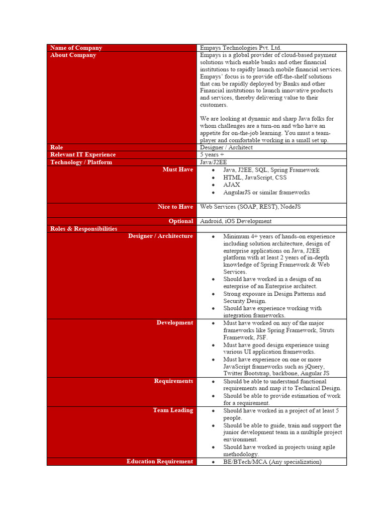 Empays JD DesignerArchitect | PDF | Java Script | Angular Js