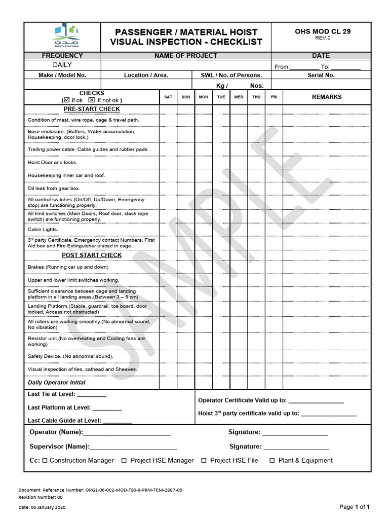 27 - Checklist - Passenger - Material Hoist Daily - OHS MOD CL 29 | PDF ...