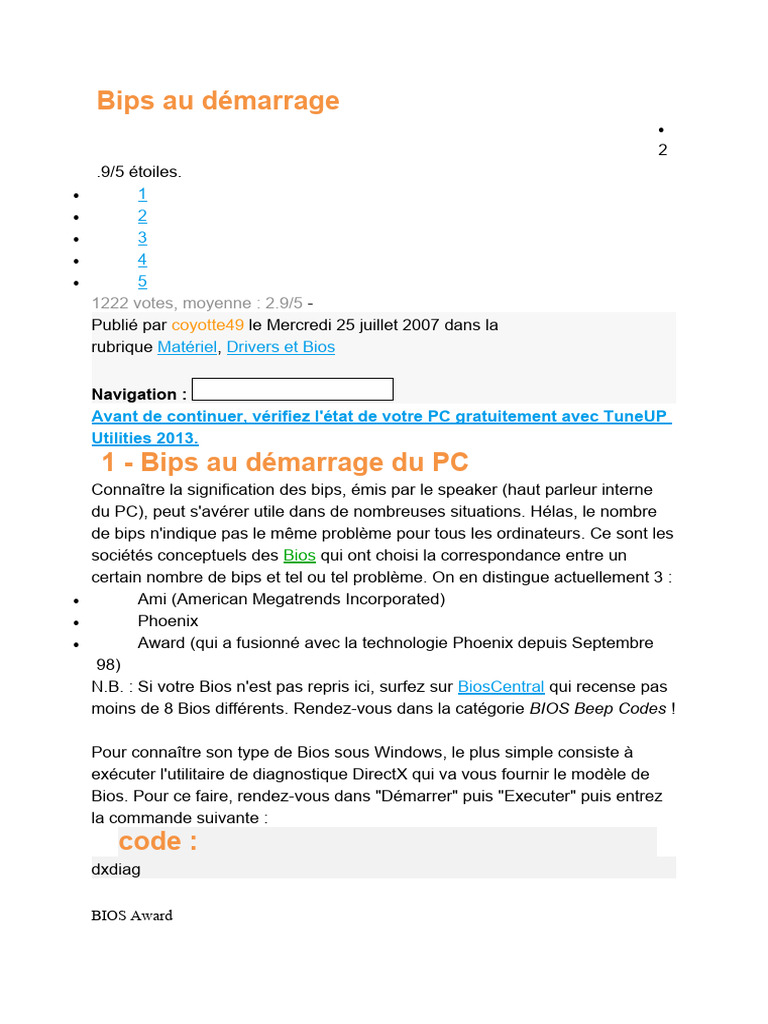 Signification des bips au démarrage PC | PDF | Bios | Démarrage d'un ...