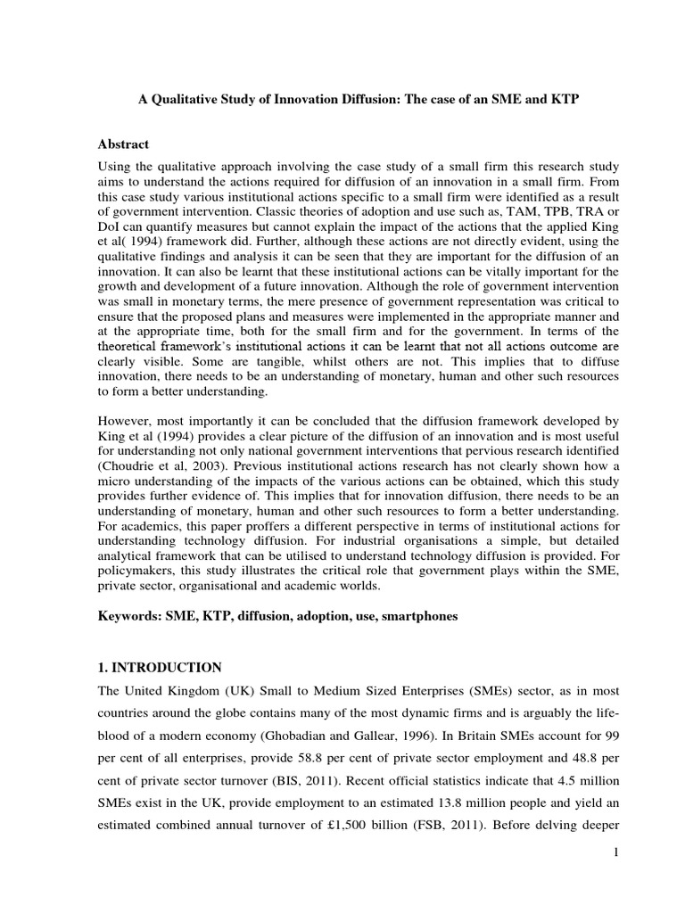 Choudrie - 2013 - Qualitiative Study of Innovation Diffusion, The Case of and SME and KTP | PDF ...