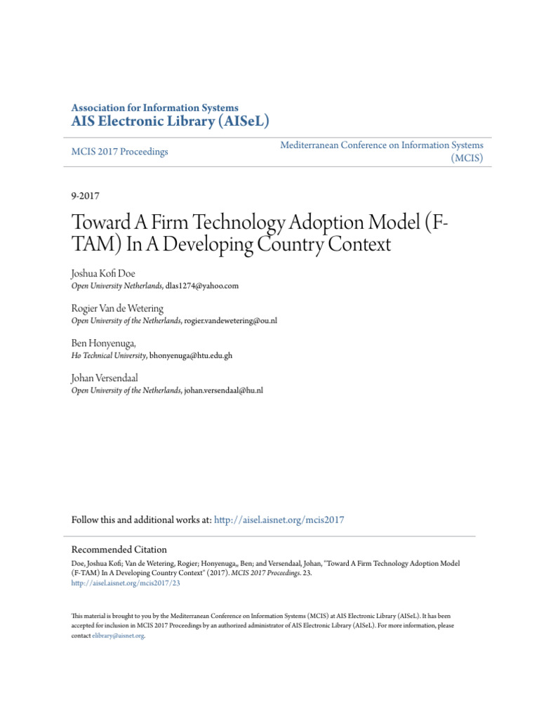 Doe - 2017 - Toward A Firm Technology Adoption Model (F-TAM) in A ...