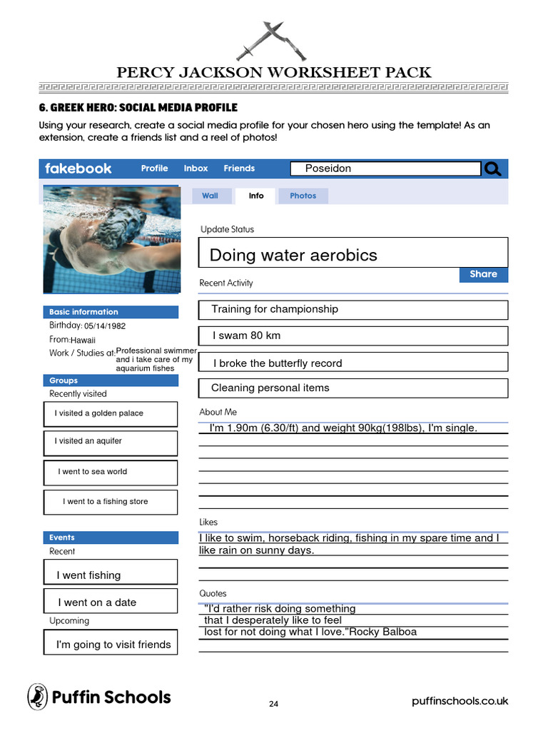 Percy Jackson Greek Hero Profile Worksheet | PDF