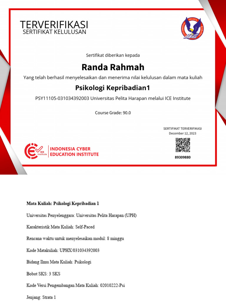 Sertifikat Kelulusan Psikologi UPH | PDF