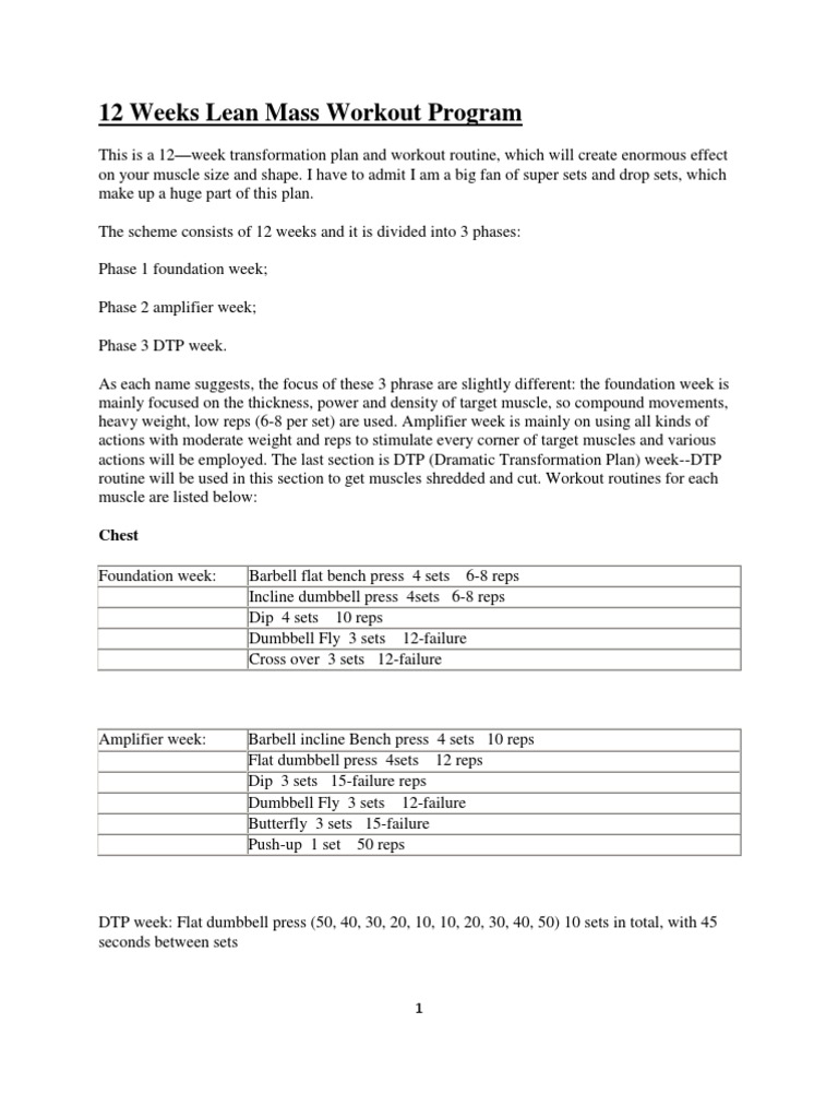 12 Weeks Lean Mass Workout Program | PDF | Physical Exercise ...